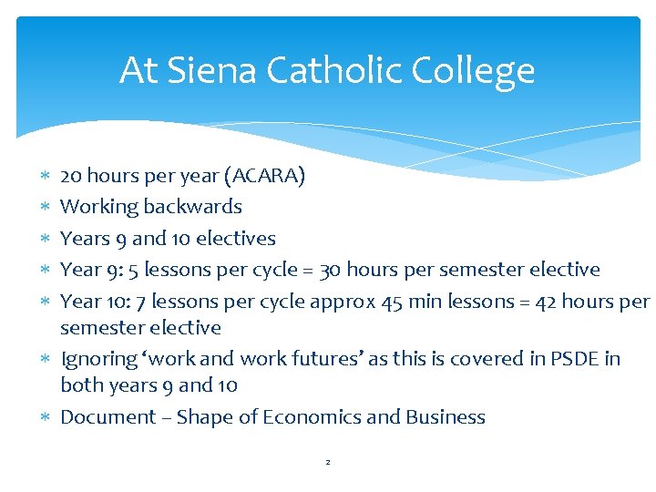Economics and Business ACARA At Siena Catholic College
