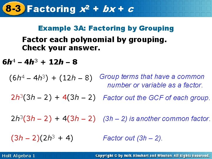 8 3 Factoring x 2 bx c Objective