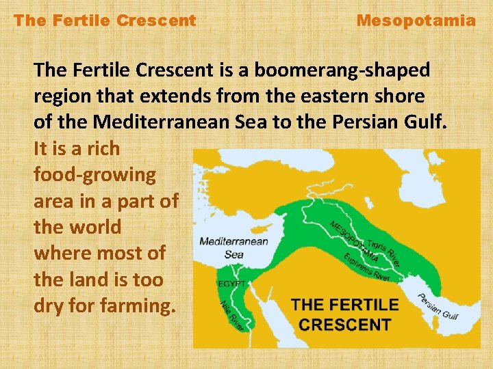 The Fertile Crescent Mesopotamia Before they settled down