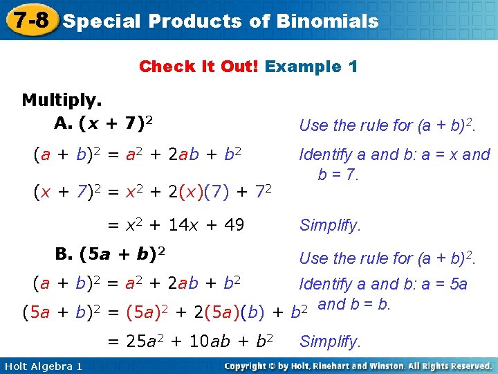 7 8 Special Products of Binomials Objective Find