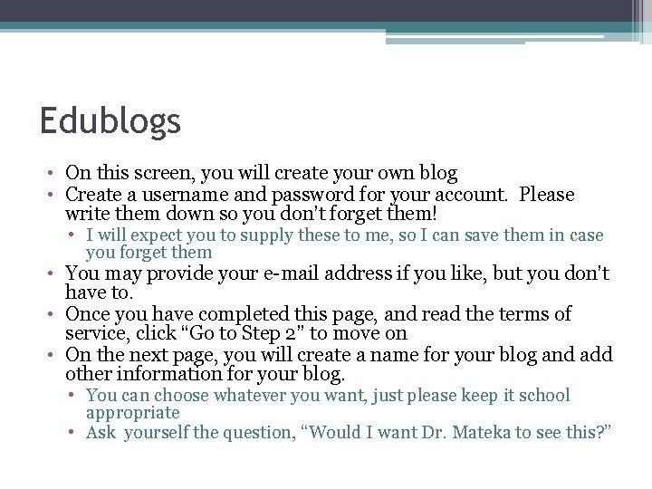 Setting up an Edublog Mr Whites Class Edublogs