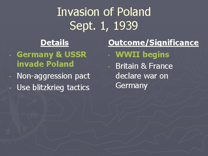 WWII Battles Chart Dates OutcomeDetails Overall Significance Invasion