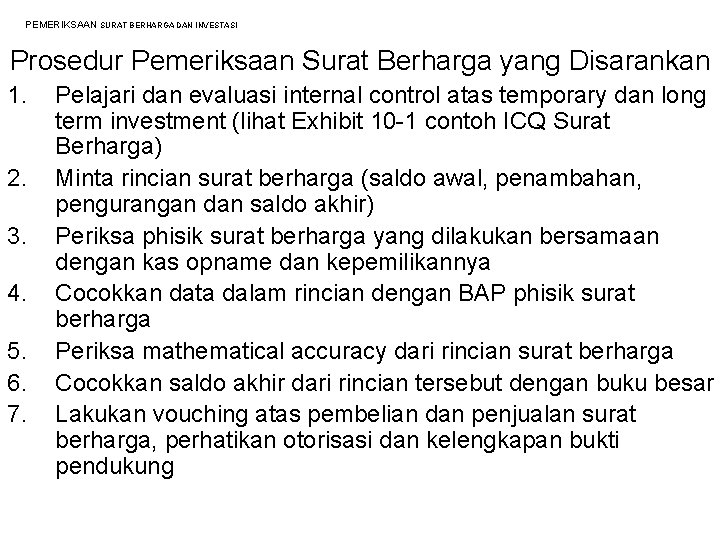 PEMERIKSAAN SURAT BERHARGA DAN INVESTASI Sifat dan Contoh