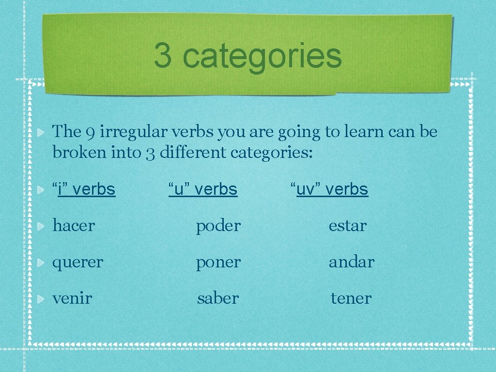 19 Verbos Irregulares en el Preterito 3 categories