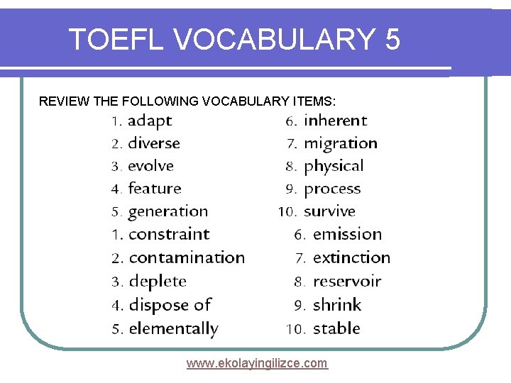 TOEFL VOCABULARY 5 REVIEW THE FOLLOWING VOCABULARY ITEMS