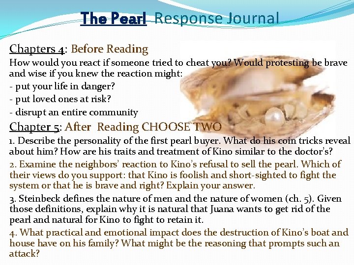 The Pearl Response Journal Chapter 1 Before Reading