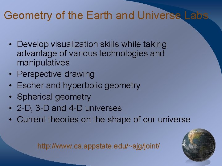 Geometry of the Earth and Universe Labs From
