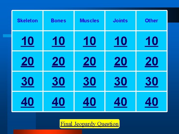 Jeopardy Start Skeleton Bones Muscles Joints Other 10