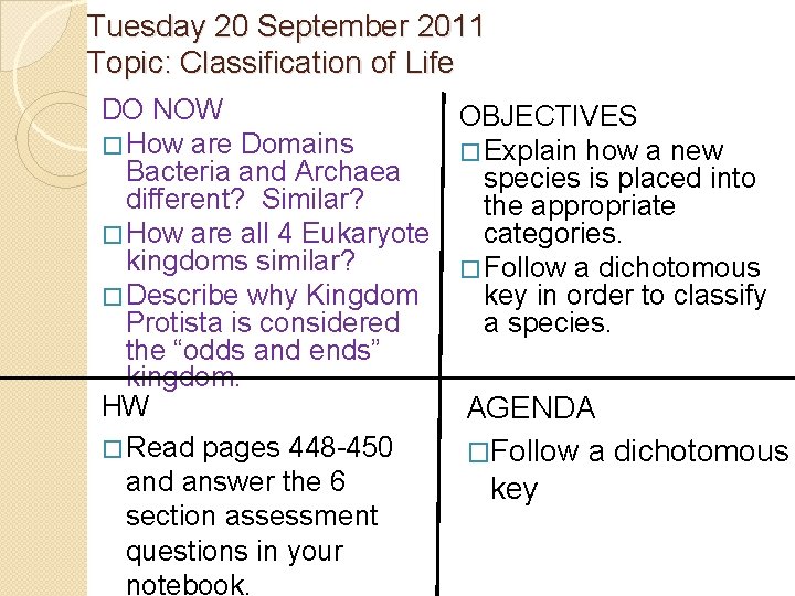 Monday 19 September 2011 Topic Classification of Life