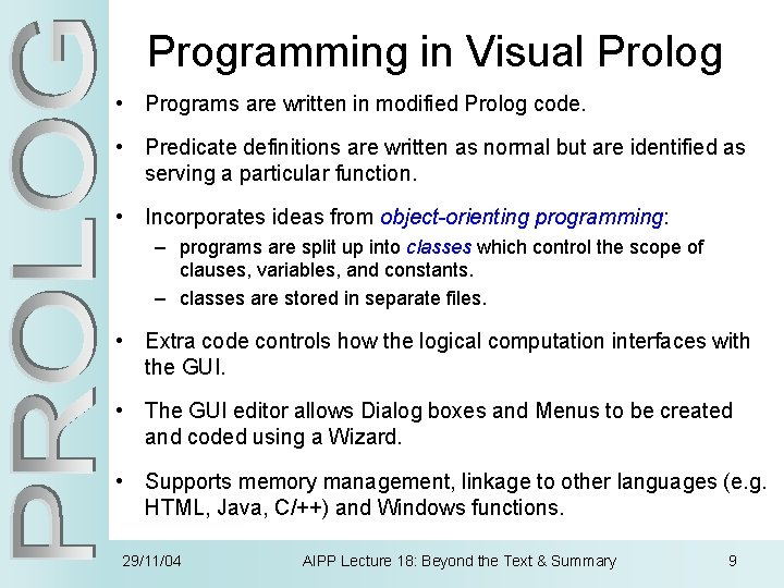 Prolog Beyond the text Summary Artificial Intelligence Programming