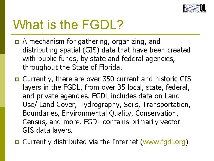 Florida Geographic Data Library 2012 Class Lessons p