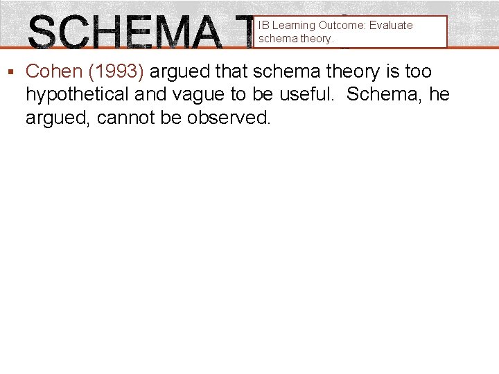 IB Learning Outcome Evaluate schema theory Brewer and