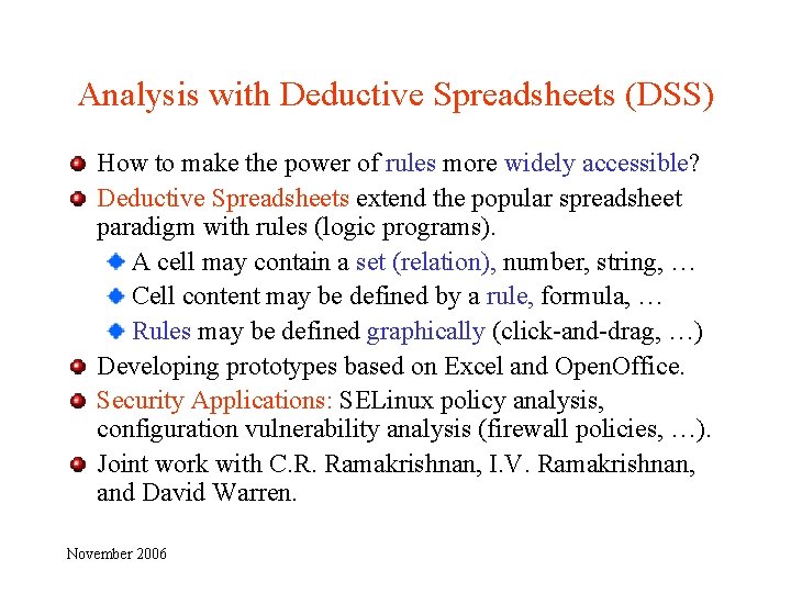 Analysis of Security Policies Scott D Stoller November
