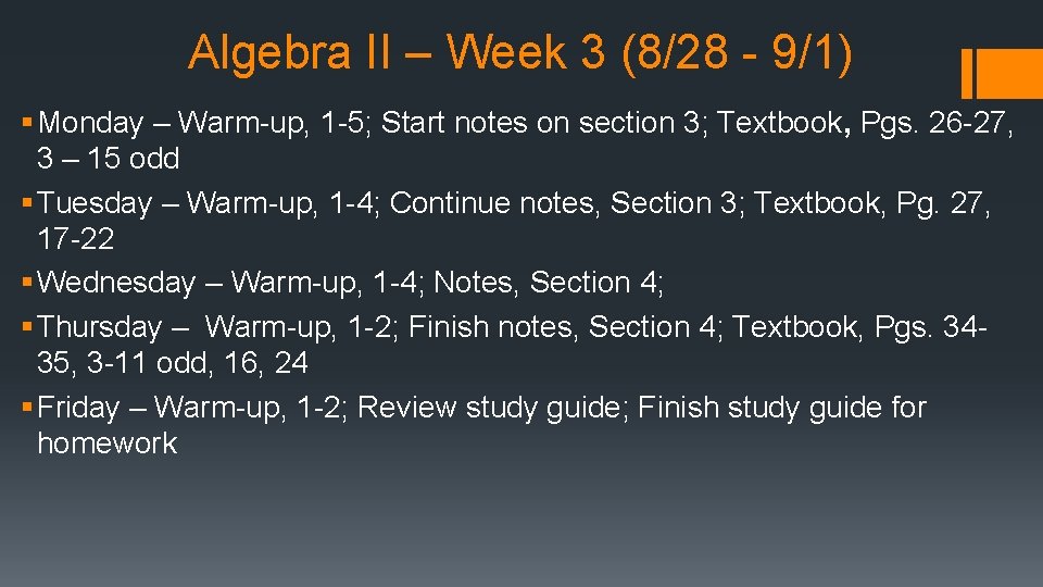 Algebra II Week 1 814 818 Monday Introduction
