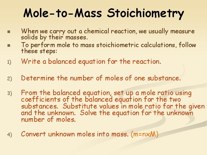 Quantitative Relationships Stoichiometry Review of Classifying and ...
