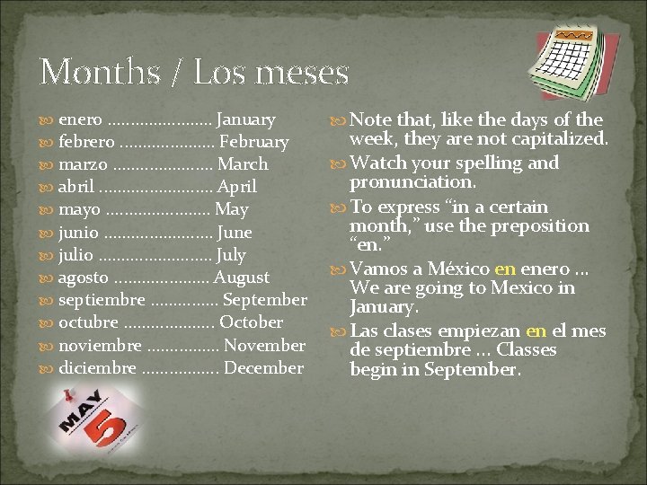 El calendario Days months seasons and dates Vocabulary