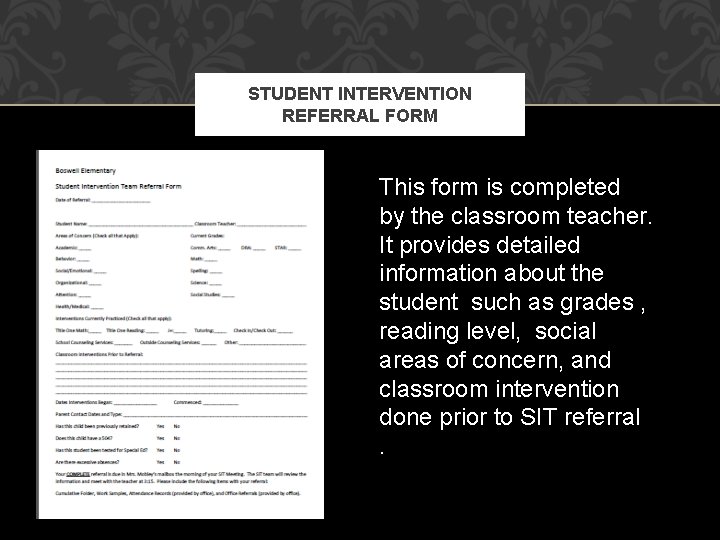 BOSWELL ELEMENTARY PBIS Tier 2 Student Intervention Team