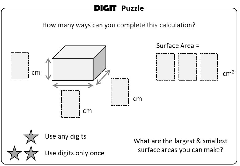 Cuboid Volume Surface Area Digit Puzzle This activity