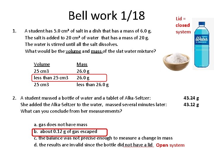 Bell work Unit 1 Chemistry and Matter Bell