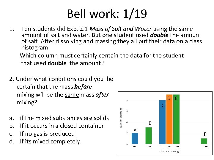 Bell work Unit 1 Chemistry and Matter Bell