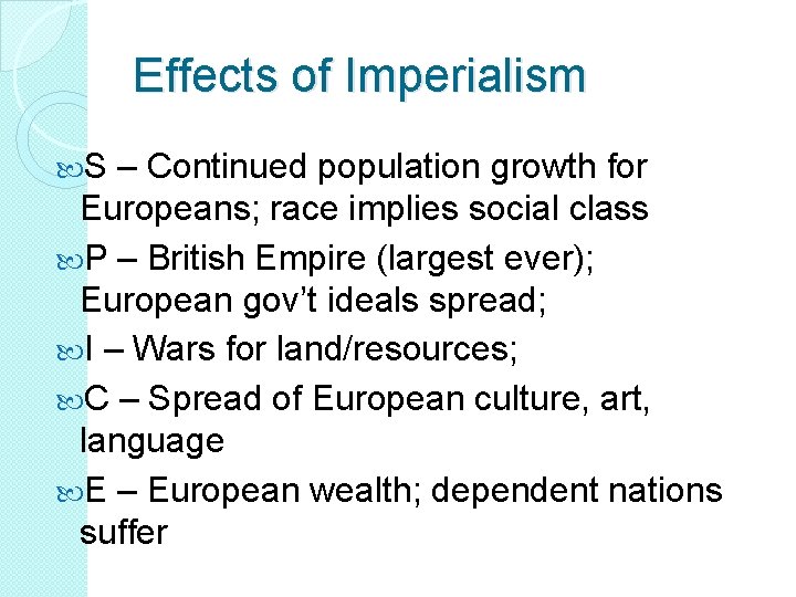 Imperialism Be able to define the following Imperialism