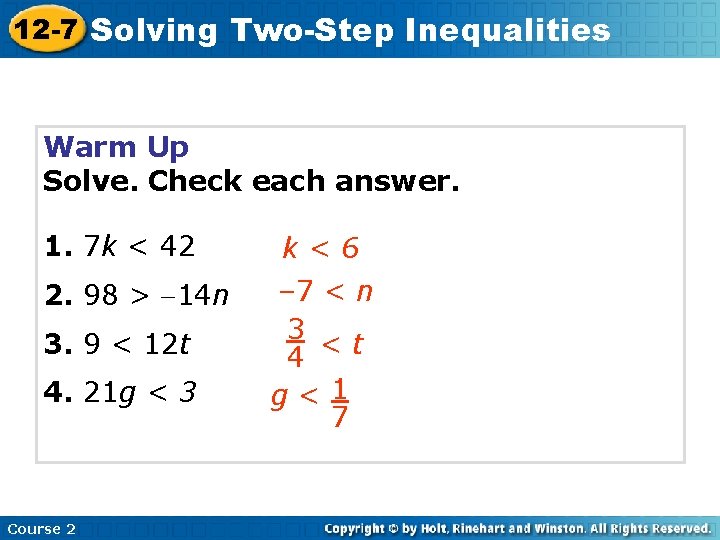 12 7 Solving TwoStep Inequalities Warm Up Problem