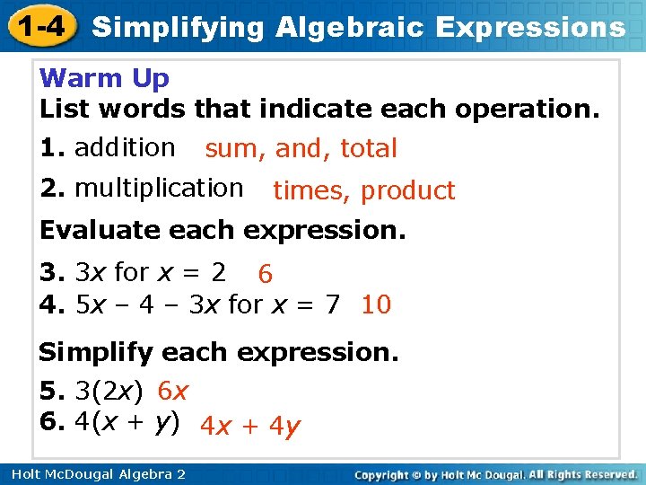 1 4 Simplifying Algebraic Expressions Warm Up Lesson