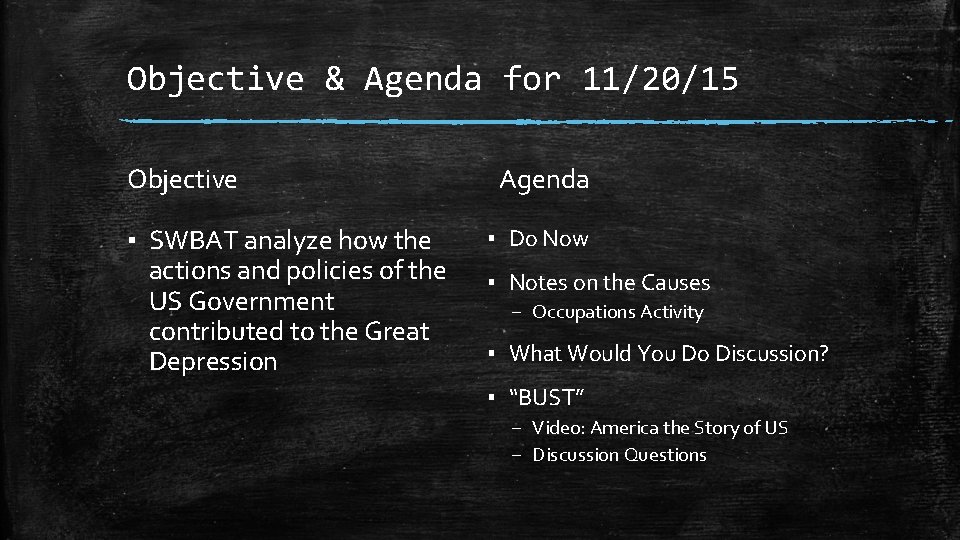 Causes of the Great Depression Unit 4 Objective