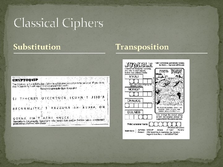 Symmetric Key Block Ciphers Classical Ciphers Substitution Transposition