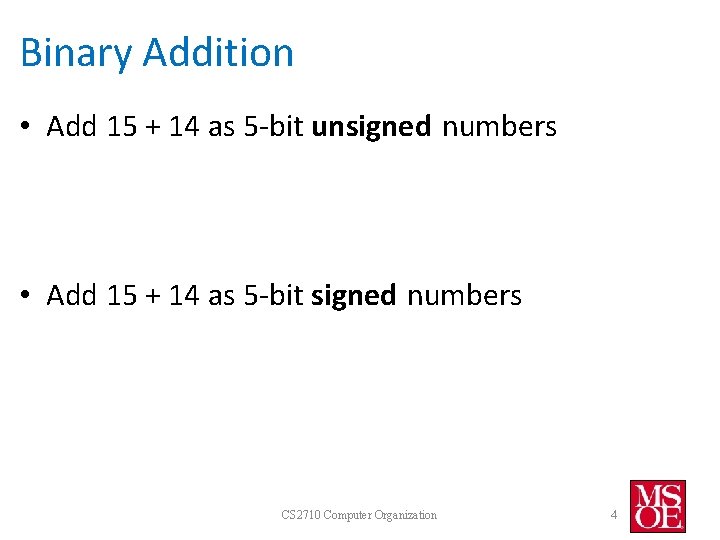 Addition and Subtraction Lecture Objectives 1 2 3