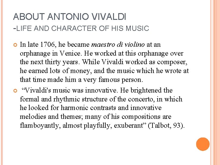 SEMESTER PROJECT ANTONIO VIVALDI Juhee Lee CONTENTS Biography