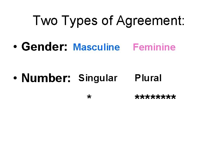AGREEMENT Two Types of Agreement Gender Masculine Number