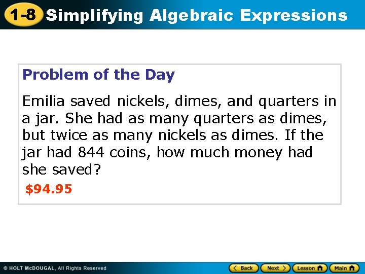 1 8 Simplifying Algebraic Expressions Warm Up Problem