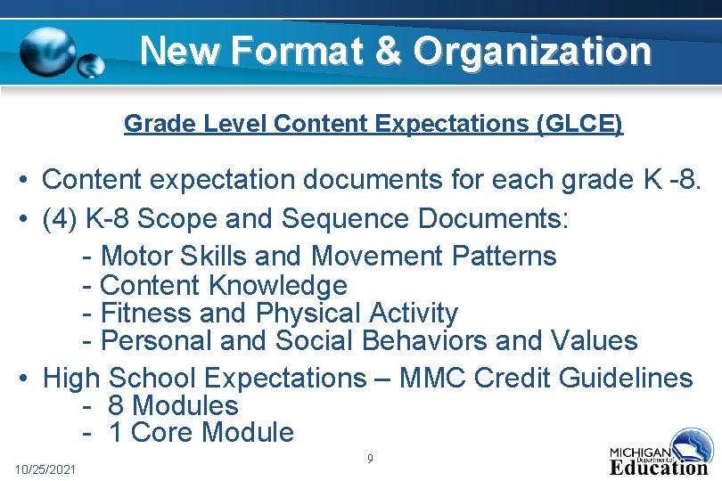 Michigan Department of Education New Standards Benchmarks GLCEs