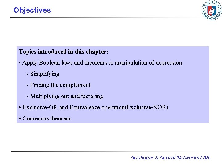 Nonlinear Neural Networks LAB CHAPTER 3 BOOLEAN ALGEBRA