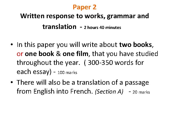 A LEVEL FRENCH AN INTRODUCTION Breakdown of Assessment