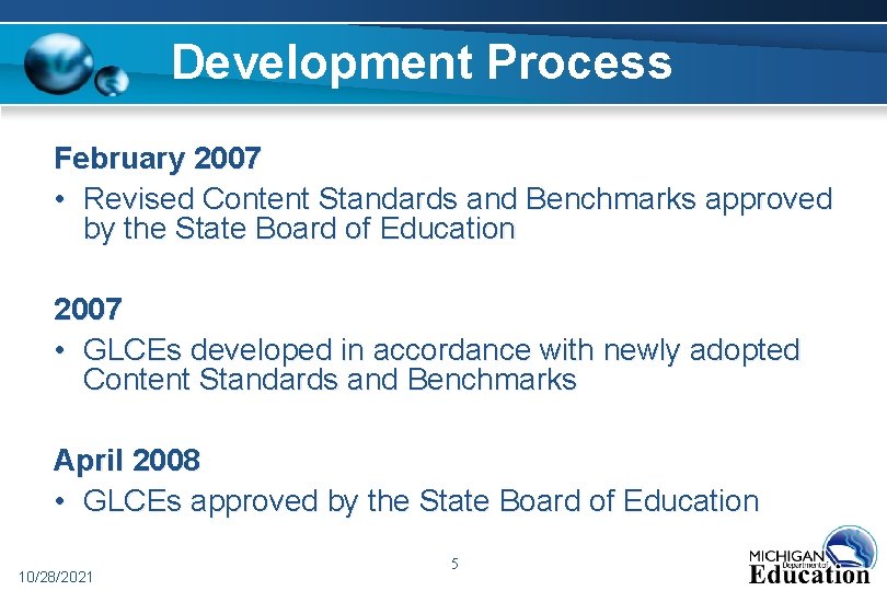 Michigan Department of Education New Standards Benchmarks GLCEs