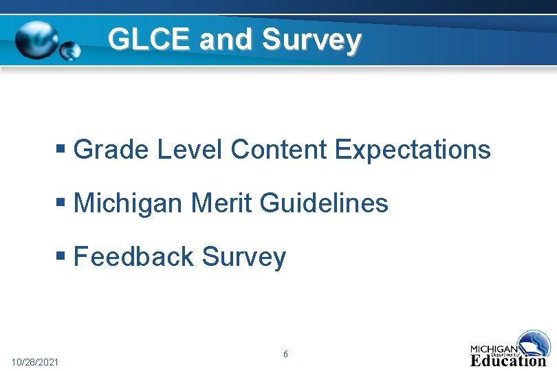Michigan Department of Education New Standards Benchmarks GLCEs