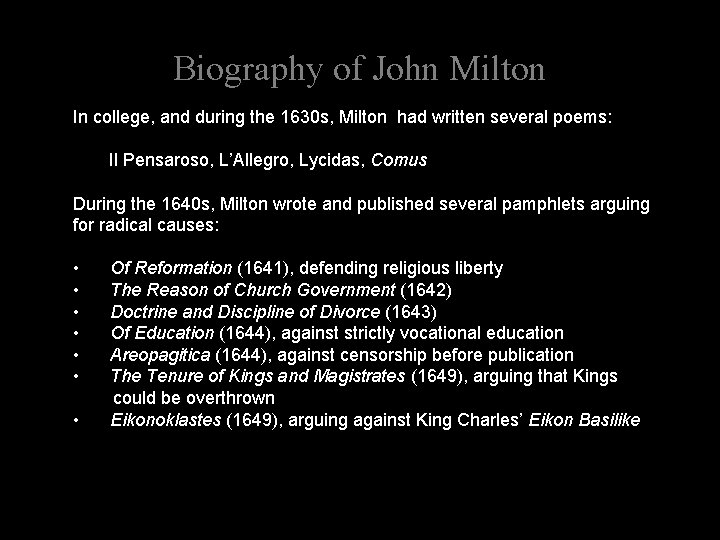 John Milton and Paradise Lost Biography of John