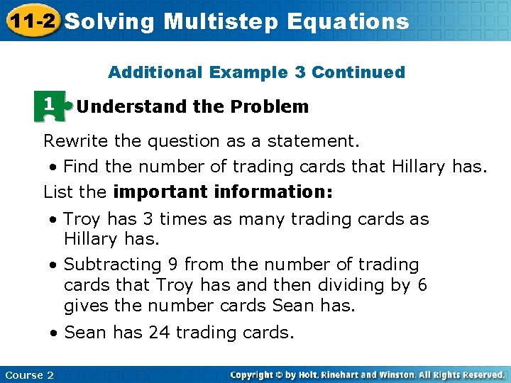 11 2 Solving Multistep Equations Warm Up Problem