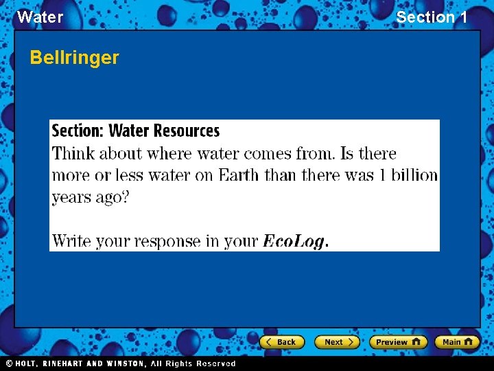 Water Section 1 Water Resources Preview Bellringer Objectives
