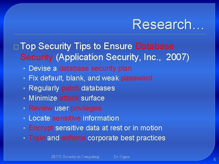 SE 571 Security in Computing Chap 6 Database