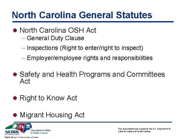 Introduction to the N C Department of Labor