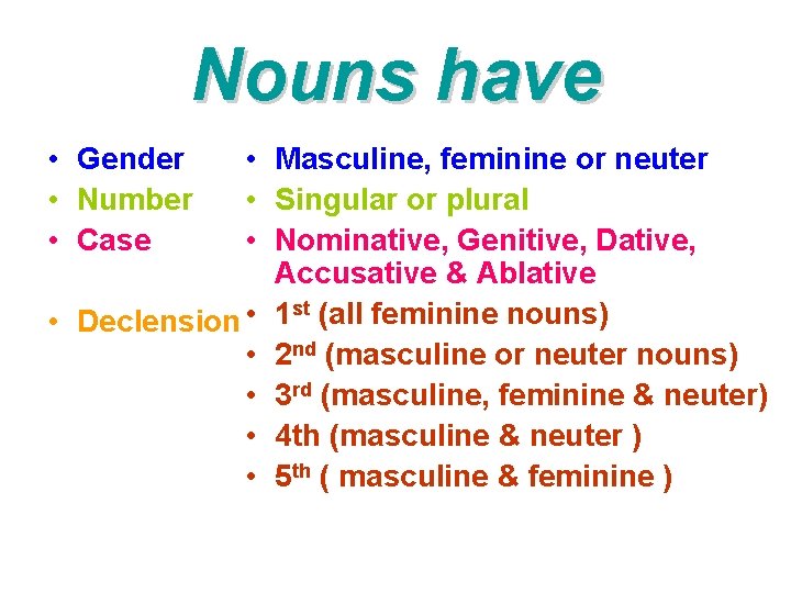 Noun Adjective Agreement Nouns have Gender Number Case