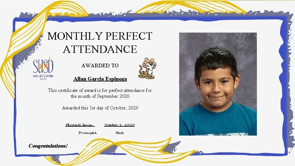 Monthly Perfect Attendance Awards Month of September 2020