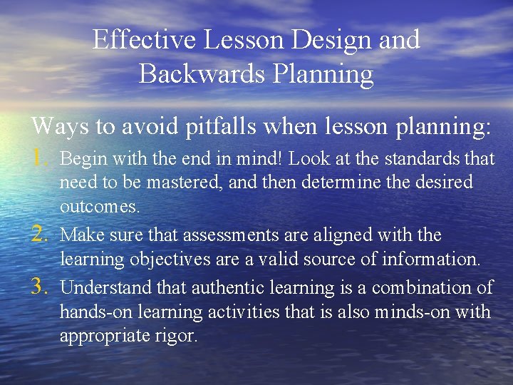 Backwards Design Lesson Planning Elizabeth Stevenson Teaching Learning