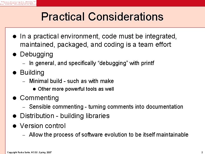 Debugging Build and Version Control Rudra Dutta CSC
