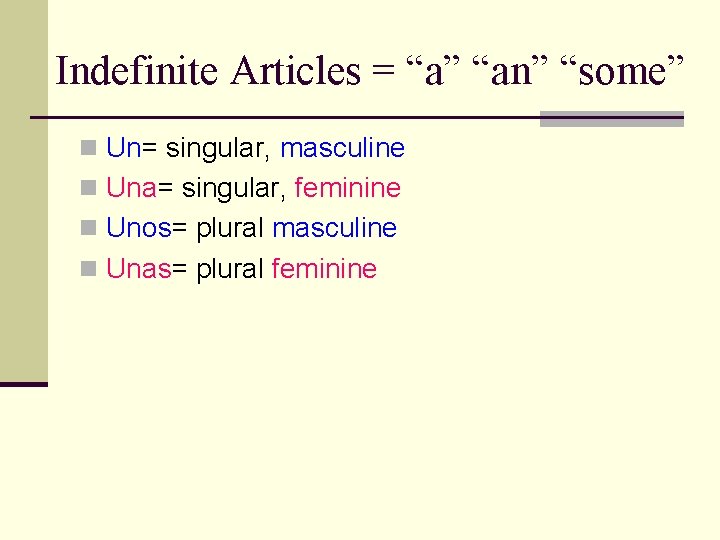 Articles in Spanish Reflect gender and number in