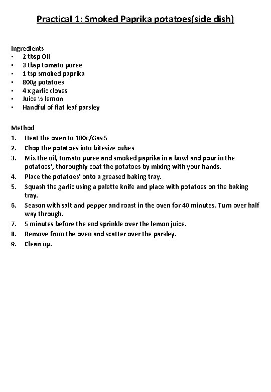 Year 9 Food Technology Recipe Booklet Mains Sides