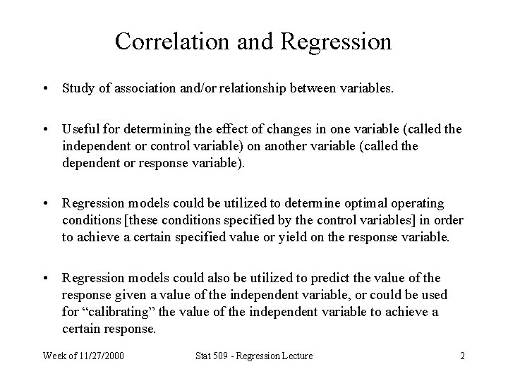 Simple Linear Regression Lecture for Statistics 509 NovemberDecember